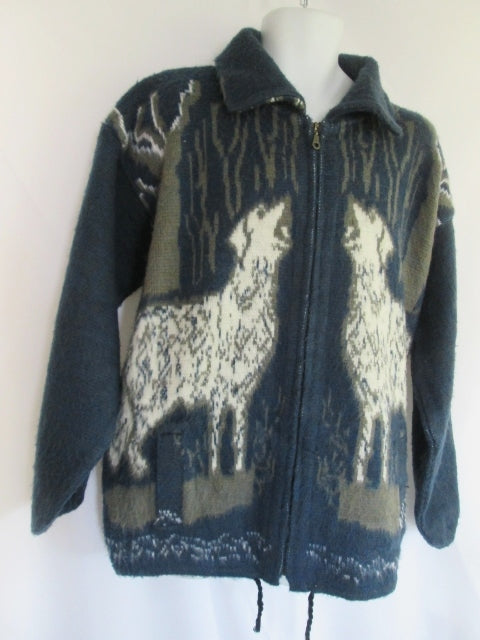 Mens RUMINAHUI Wool DOG WHITE WOLF Zip Up Sweater Jacket Cardigan Wool ...