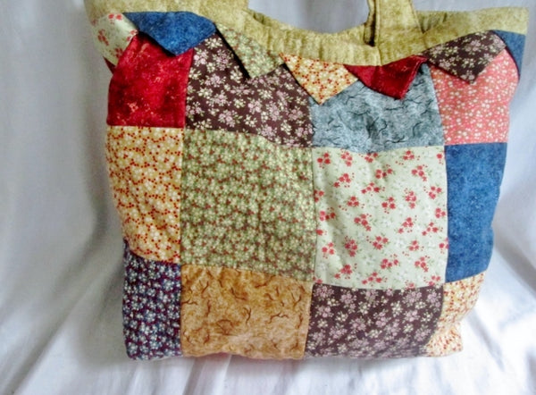 Handmade PATCHWORK Quilted Cloth BAG Tote Satchel Vegan FLORAL Multi-C ...